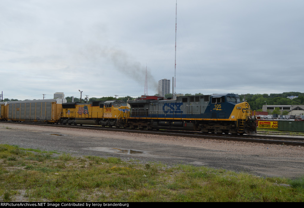 CSX 105 on up auto rack train getting on the bnsf ft scott sub going south